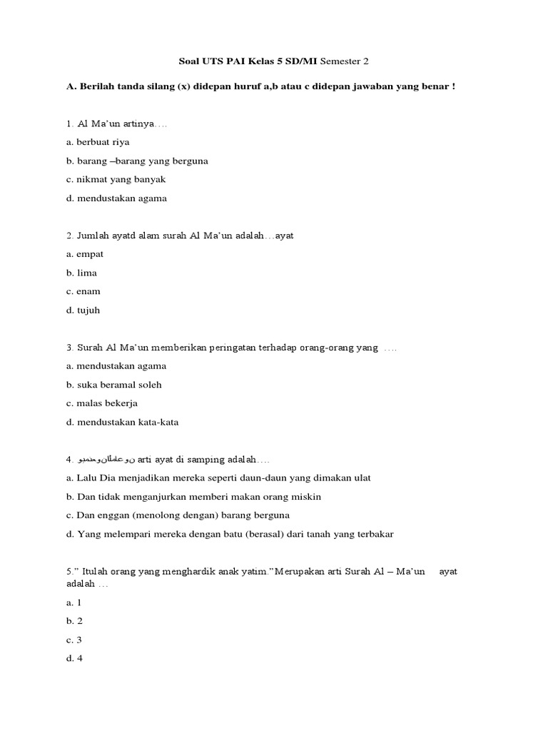 Soal UTS PAI Kelas 5 Semester 2 k13 SD MI Dan Kunci Jawabanya | PDF | Perjalanan
