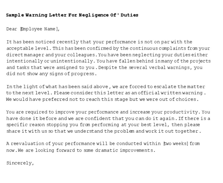 Sample Warning Letter For Negligence of Duties | PDF
