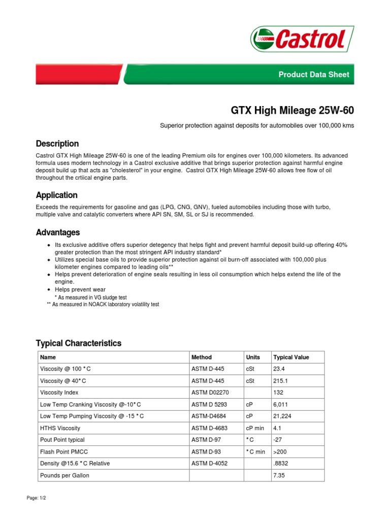 Castrol GTX High Mileage 25W-60 Data Sheet | PDF | License | Viscosity