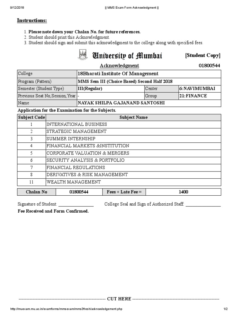 MMS Exam Form Acknowledgment - SHIPU PDF | PDF | Derivative (Finance ...