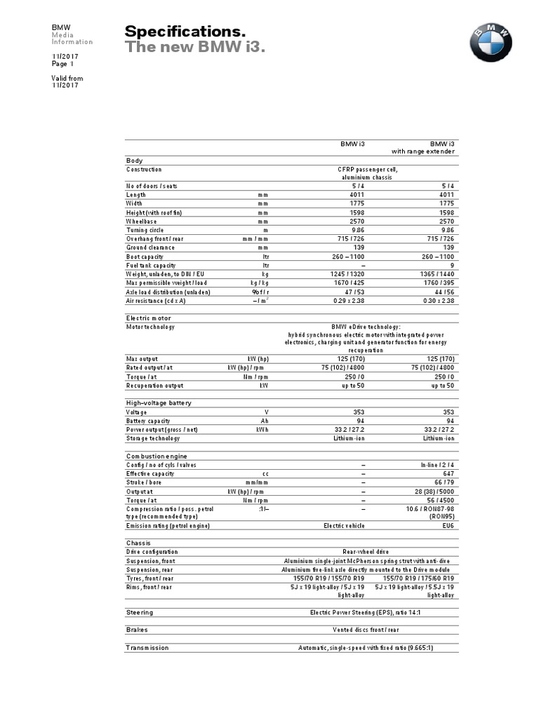 BMW i3 and i3s Specifications 2017 | PDF | Fuel Economy In Automobiles ...