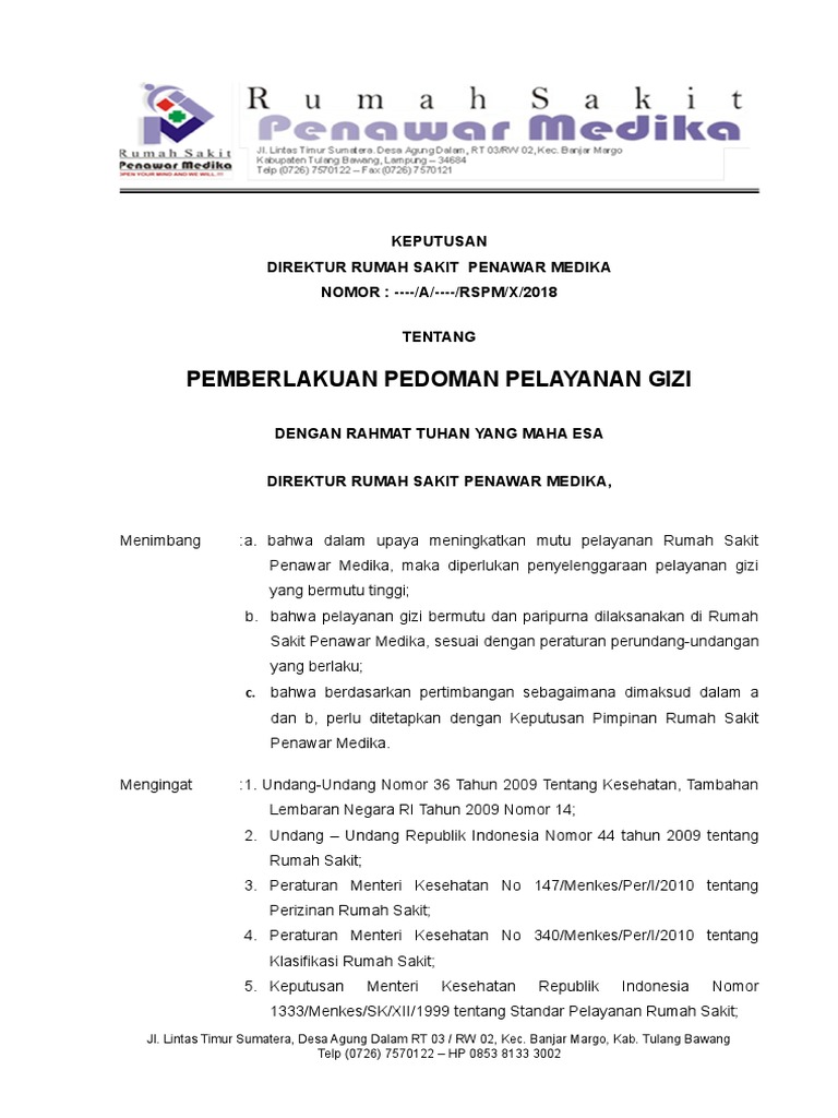 SK Pemberlakuan Pedoman Pelayanan Gizi | PDF