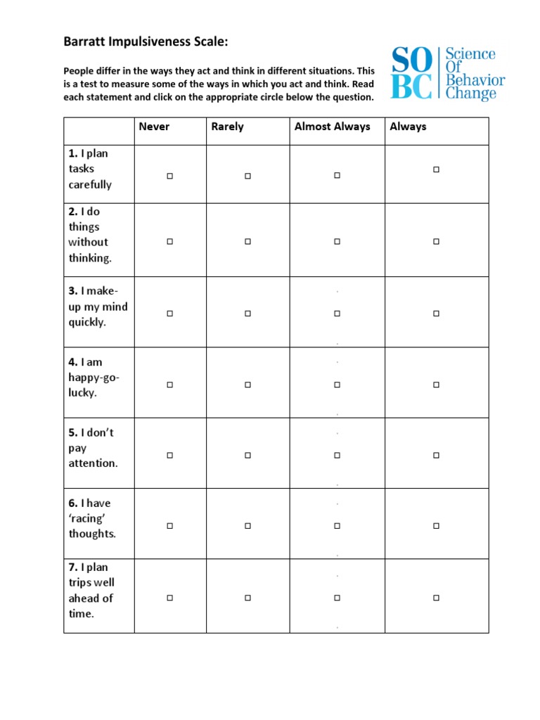 Barratt Impulsiveness Scale Test | PDF | Epistemology | Psychological ...