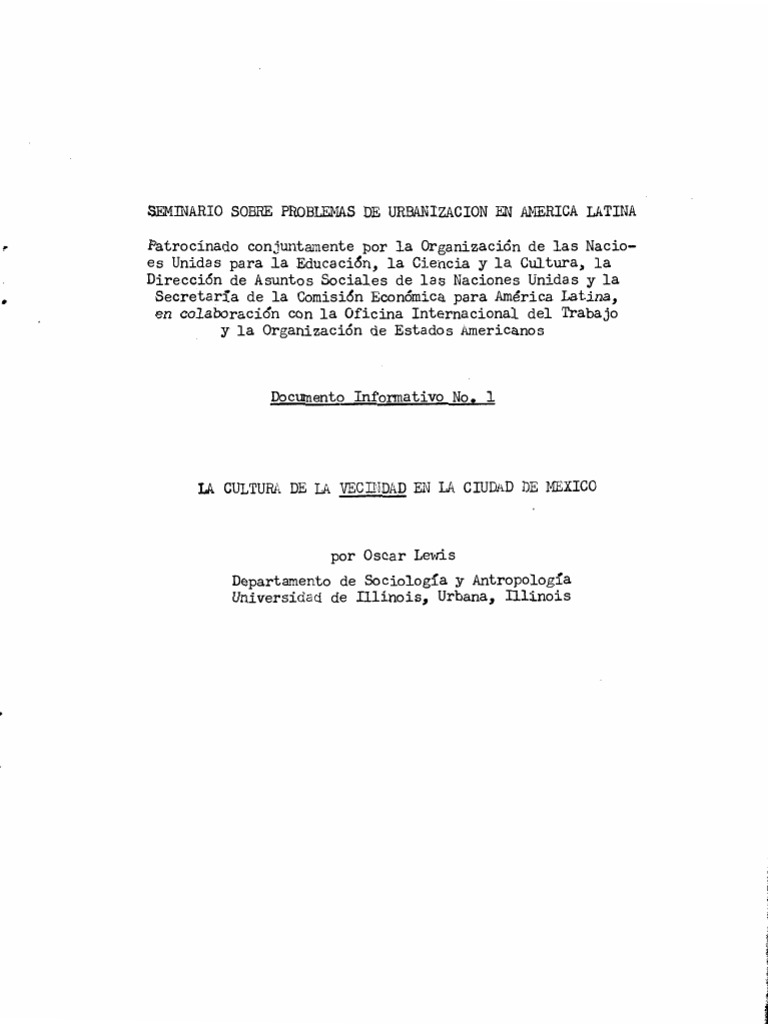 Oscar Lewis - La Cultura de La Vecindad en México | PDF