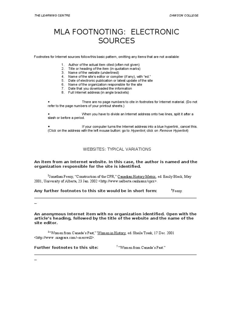 Mla Footnoting: Electronic Sources: The Learning Centre Dawson College ...