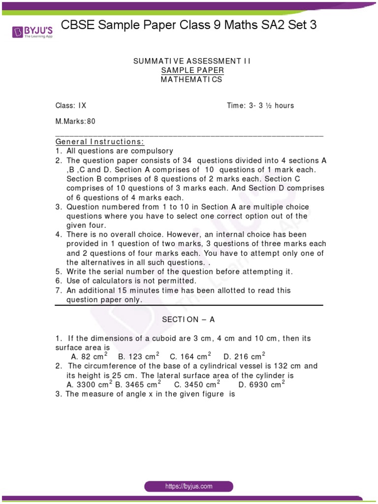 Class 9 Maths SA2 Sample Paper 2024 | PDF | Area | Rectangle