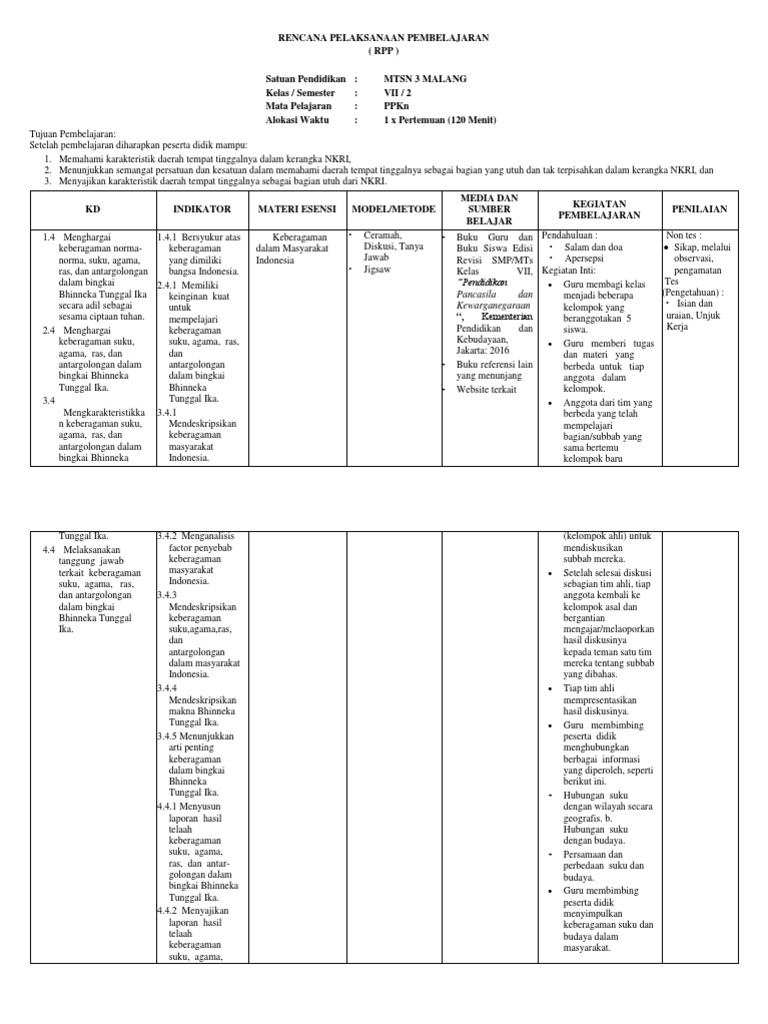 RPP PPKN 1 Lembar Tabel | PDF