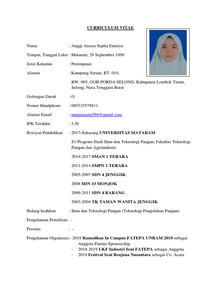 CURRICULUM VITAE (Anggi Anasta) | PDF