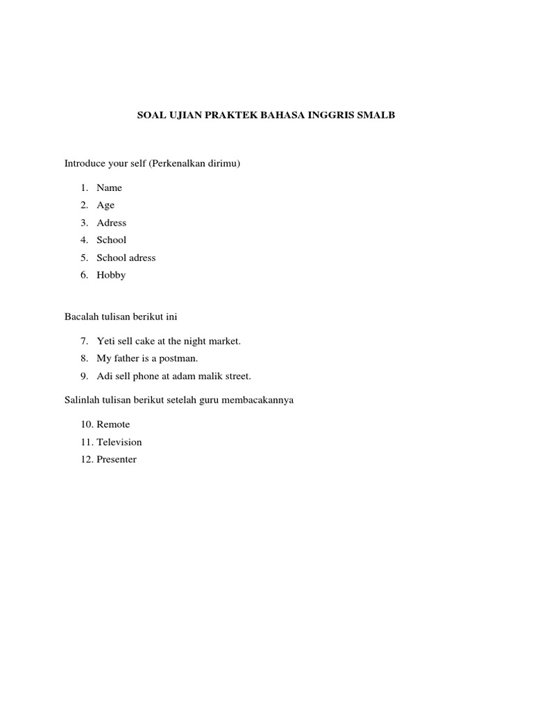 Soal Ujian Praktek Bahasa Inggris Smalb | PDF
