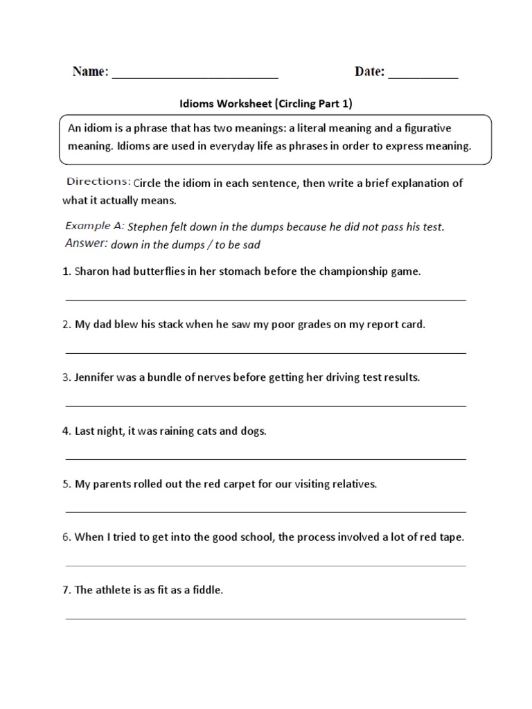 Idioms Worksheet for Class 5 | PDF | Self-Improvement