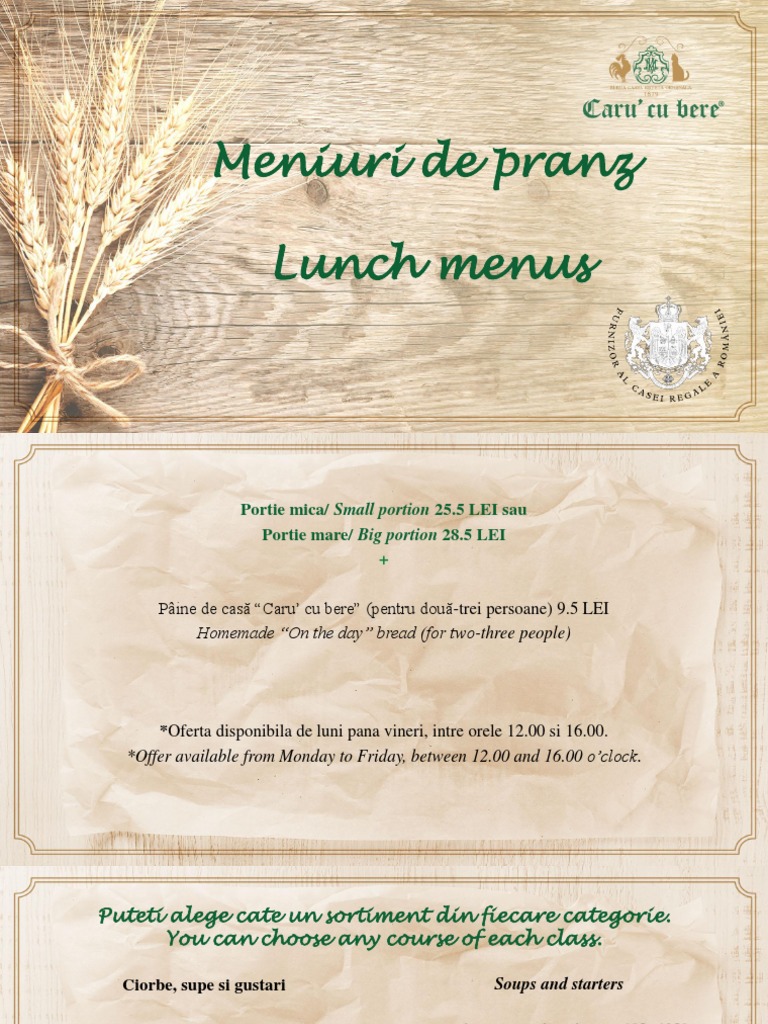 Lunch Menu from a Romanian Restaurant Offering Traditional Dishes and ...