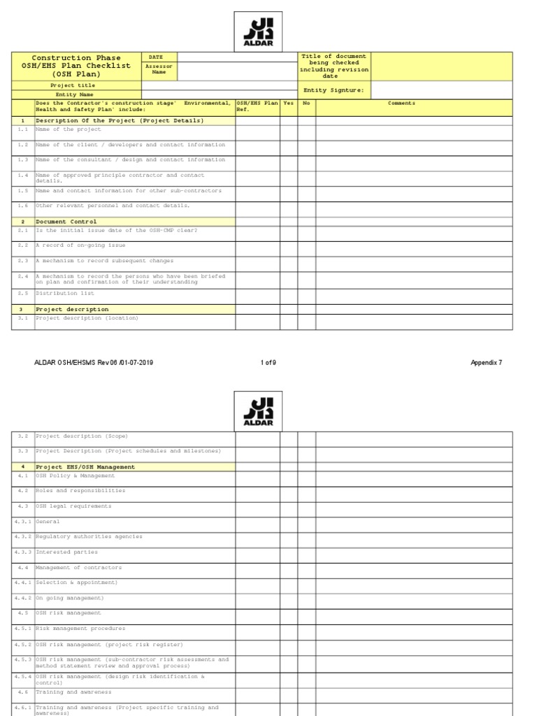 Appendix 7. ALDAR OSH EHS Plan Review According To AD EHSMS | PDF ...