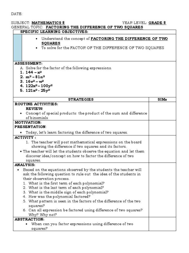 6 Factoring The Difference of Two Squares | PDF