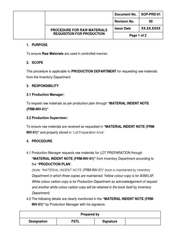 Procedure For Raw Materials Requisition For Production | PDF