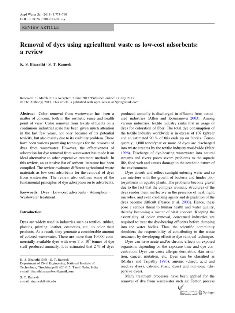 Dye Removal Using Agricultural Waste | PDF
