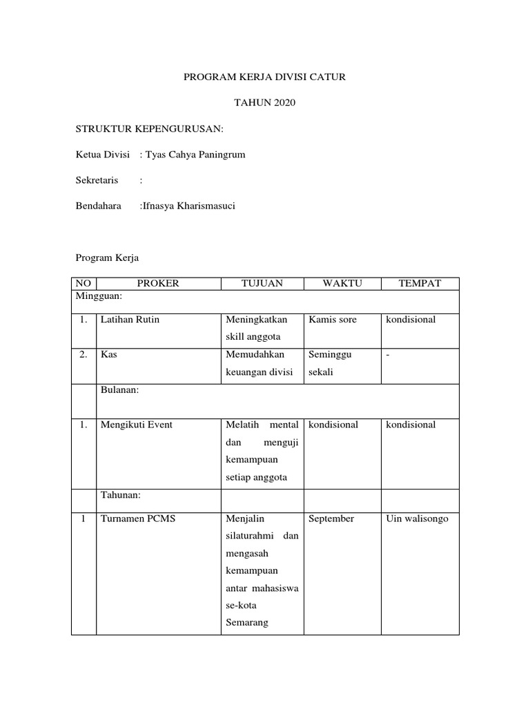 Program Kerja Divisi Catur 2020 | PDF