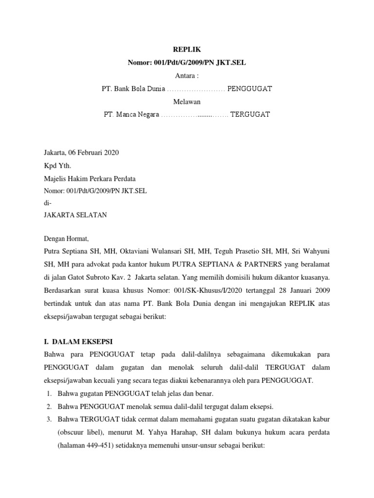 Contoh Replik Wanprestasi (Pengadilan Negeri Jakarta Selatan) | PDF