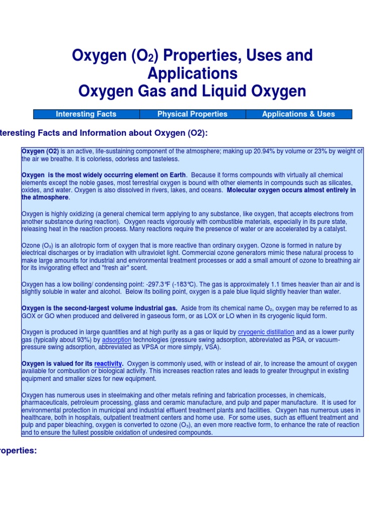Oxygen (O2) Properties, Uses and Applications | PDF