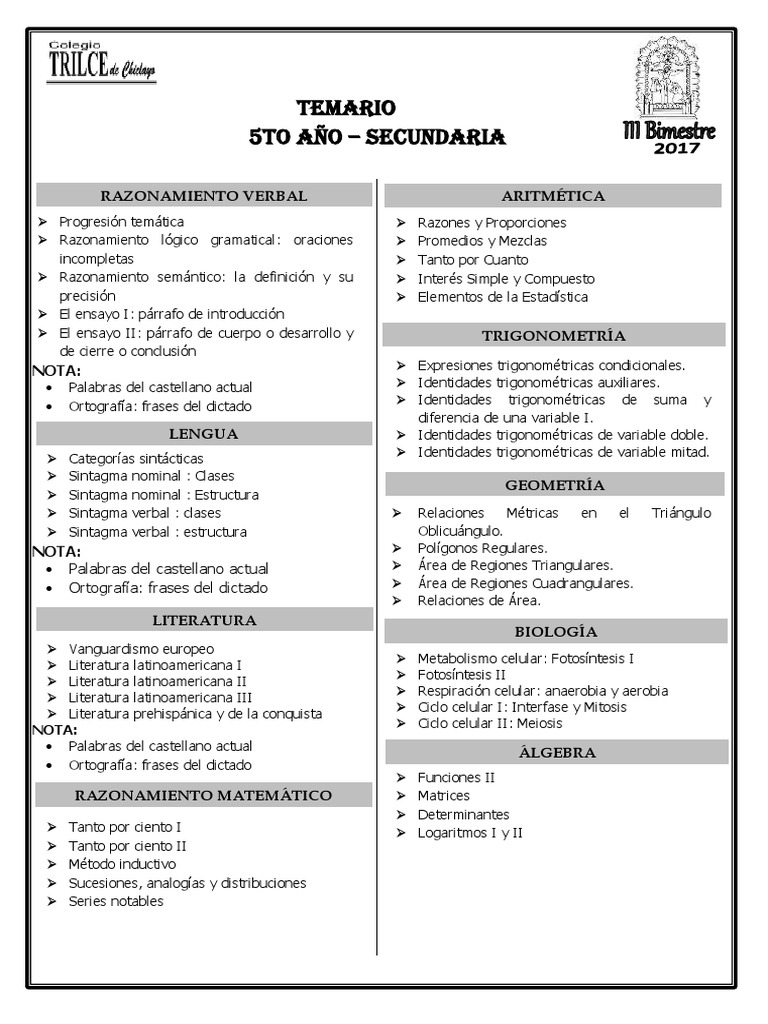 Temario 5 Año Secundaria Pdf