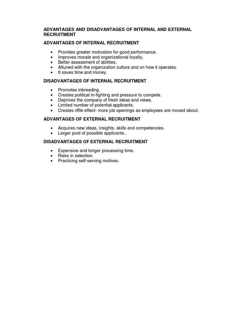 Advantages and Disadvantages of Internal and External Recruitment | PDF