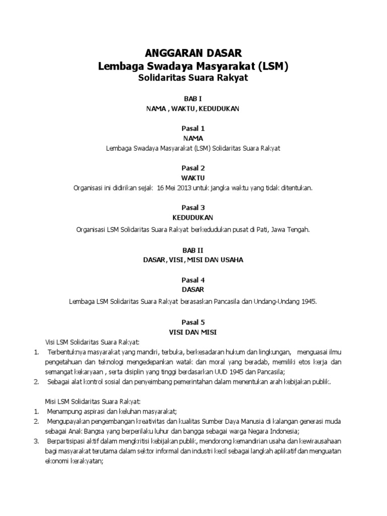 Anggaran Dasar LSM | PDF