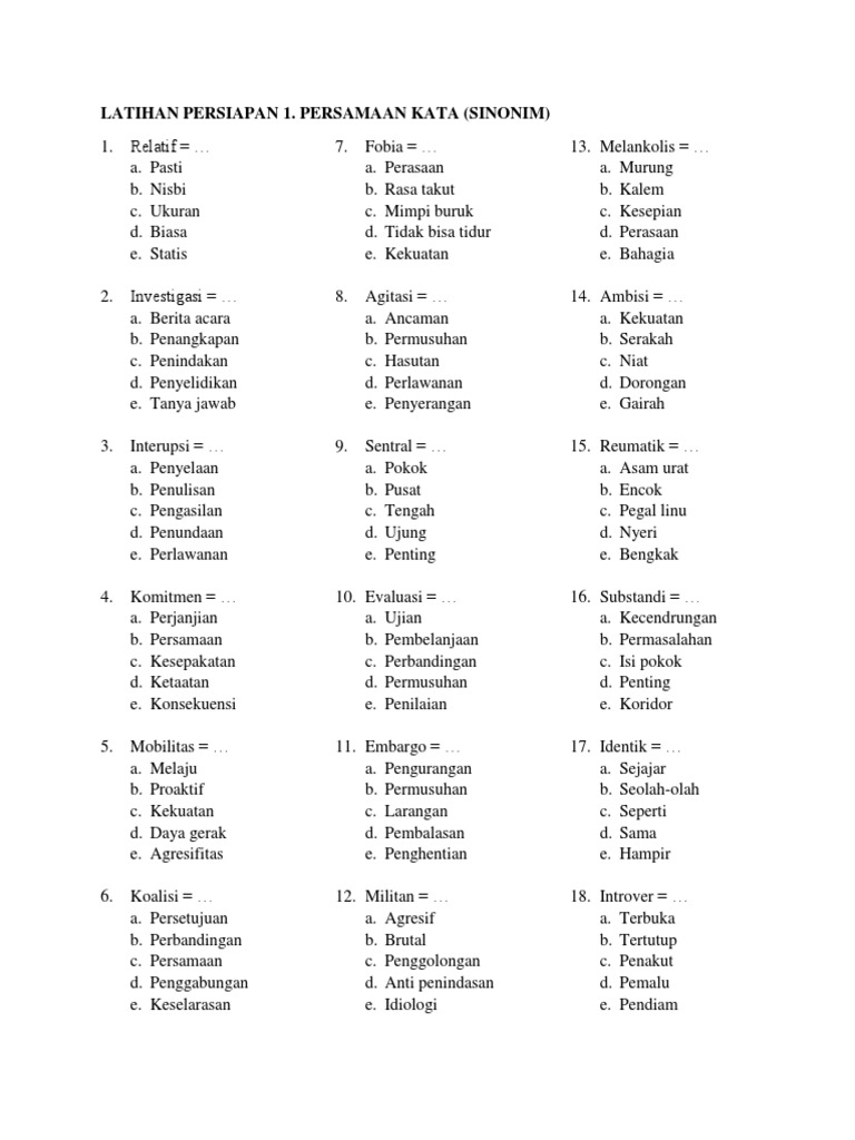 Latihan Persiapan 1 Sinonim Antonim Analogi | PDF