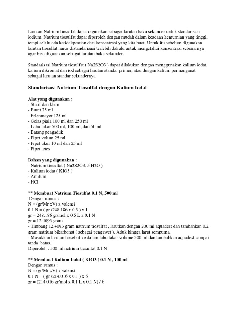 Larutan Natrium Tiosulfat Standardisasi | PDF