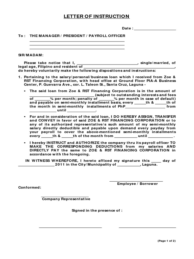 Letter of Instruction | PDF | Finance & Money Management