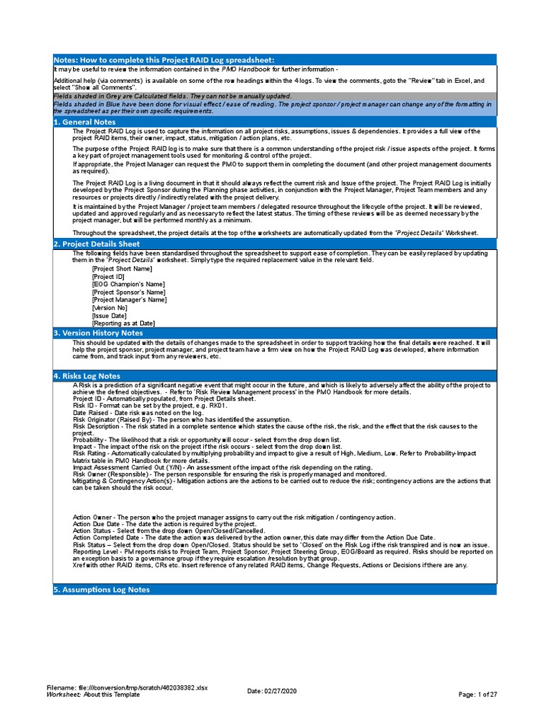 PP RAID Log Template V1.0 | PDF