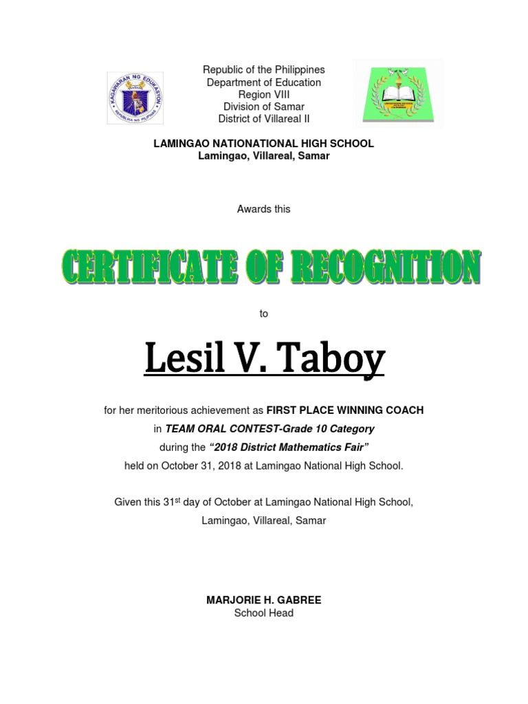 Certificate of Recognition (District Mathematics Fair 2018) 2 | PDF