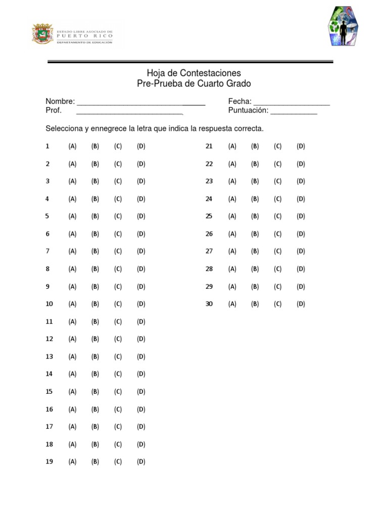 Hoja de Contestaciones Pre Prueba Cuarto 2014 | PDF