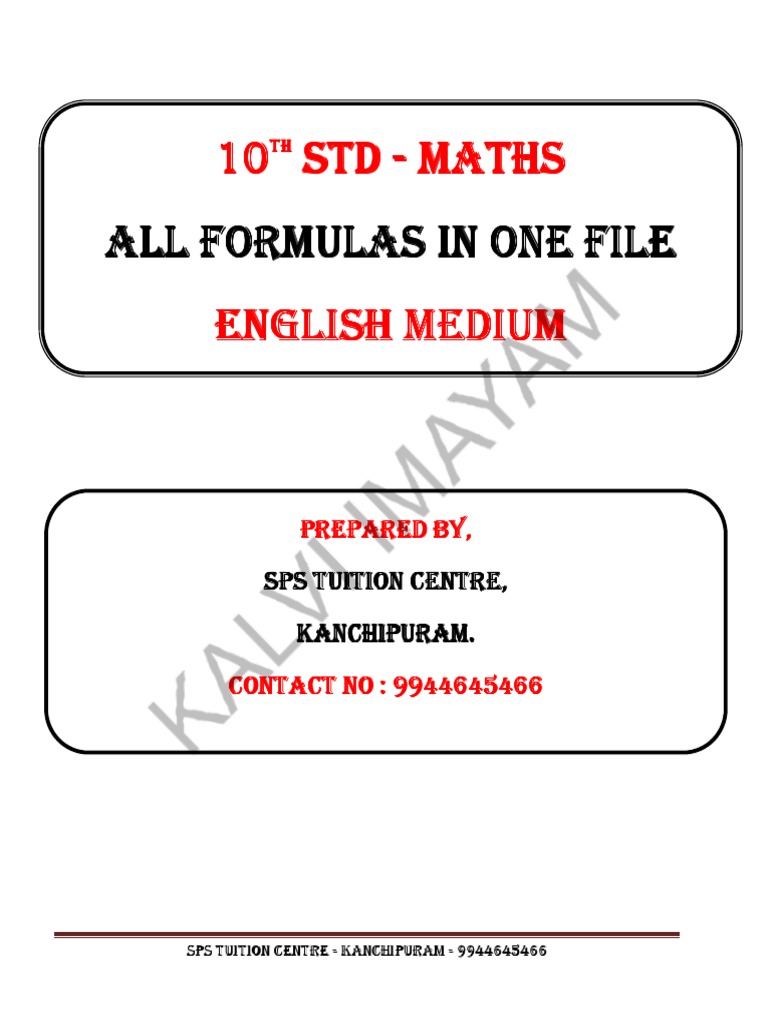 10th - Maths - Formulas - EM - All - Unit - KALVI IMAYAM | PDF