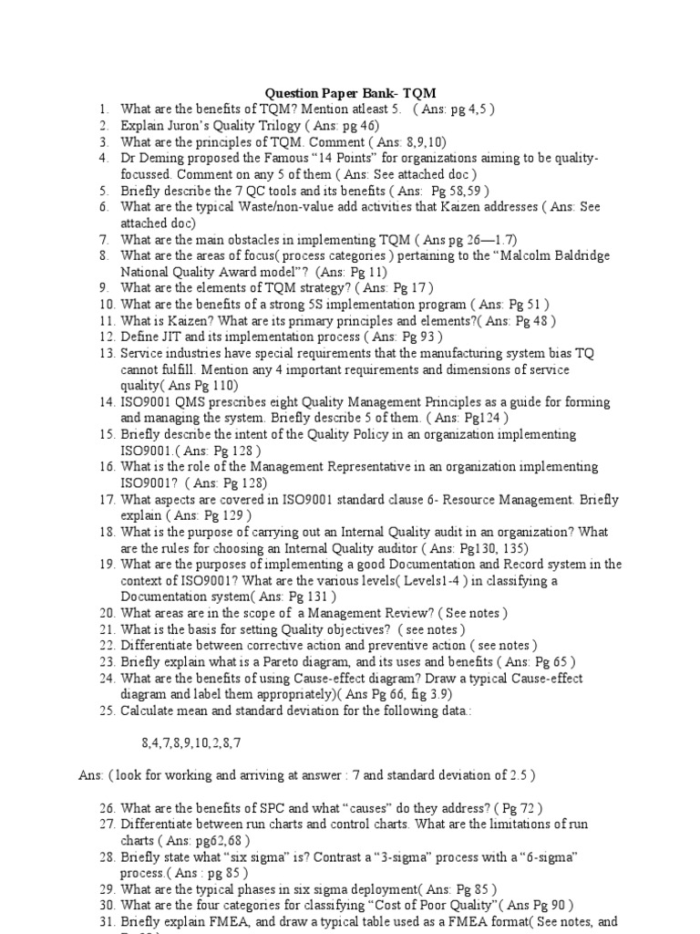 TQM Question Paper Bank | PDF | Iso 9000 | Standard Deviation