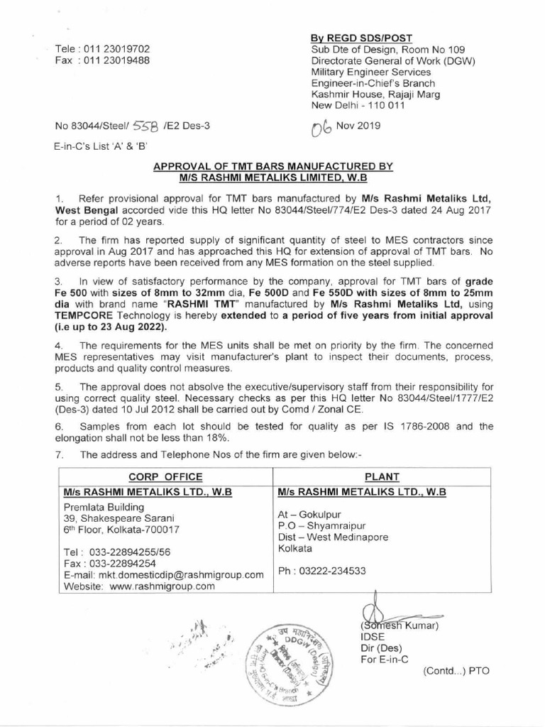 Rashmi TMT MES Approval - Renewed | PDF