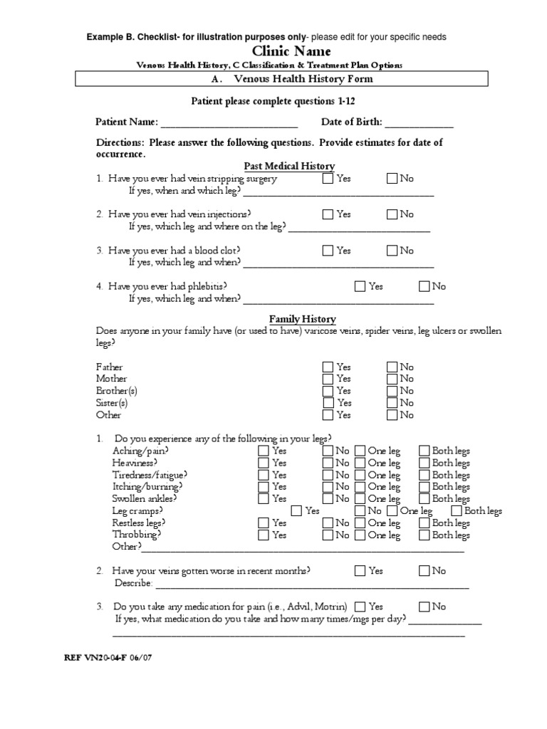 Clinic Name: A. Venous Health History Form | PDF | Varicose Veins | Vein