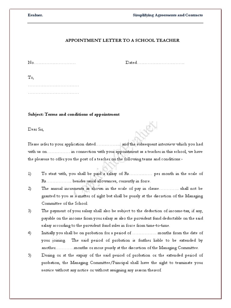Appointment Letter To A School Teacher | PDF