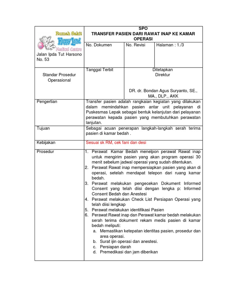 Spo Transfer Ranap Ke Kamar Operasi | PDF