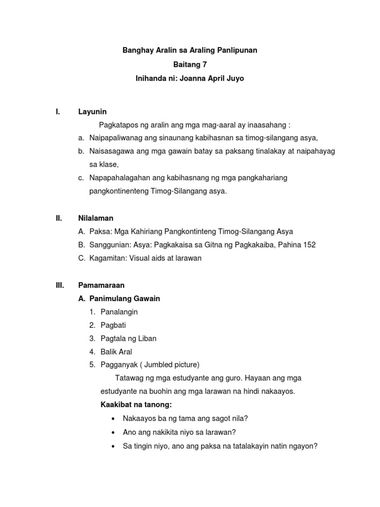 Aral Pan Lesson Plan