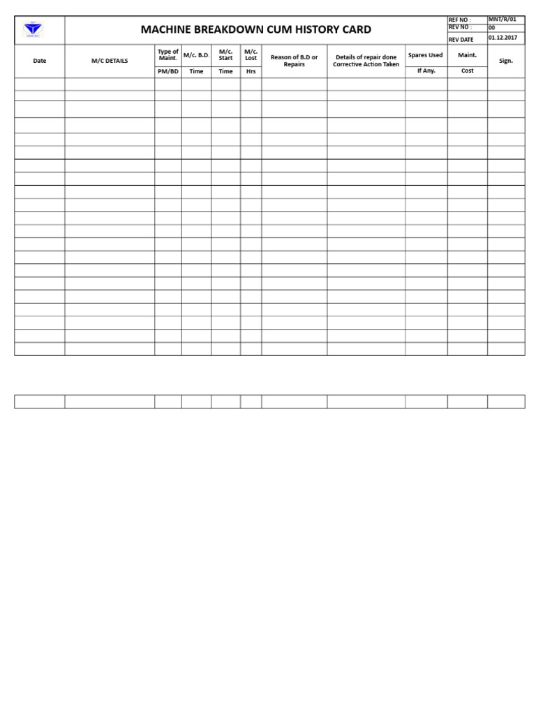 Machine Breakdown and History Card Format | PDF