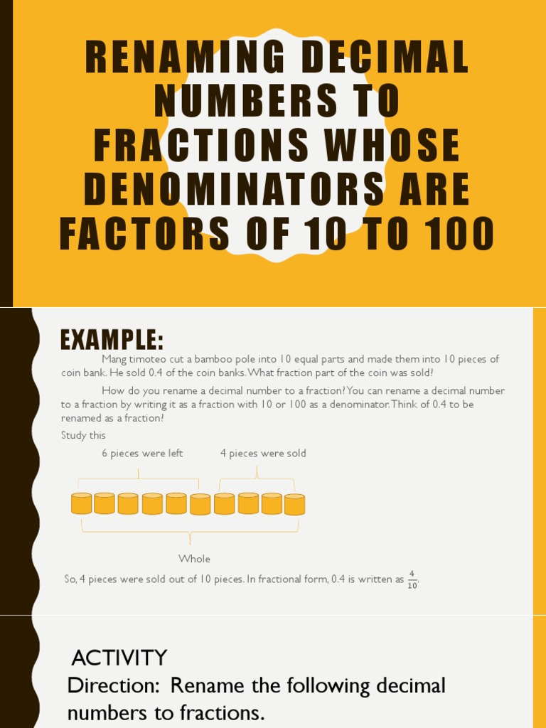 Renaming Decimals to Equivalent Fractions with Denominators of 10 or ...