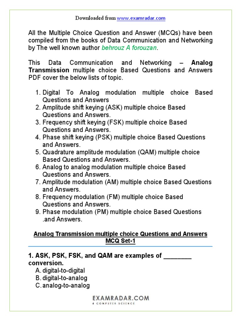 Ch 5 Analog Transmission Multiple Choice Questions And Answers Mcq Pdf Data Communication And