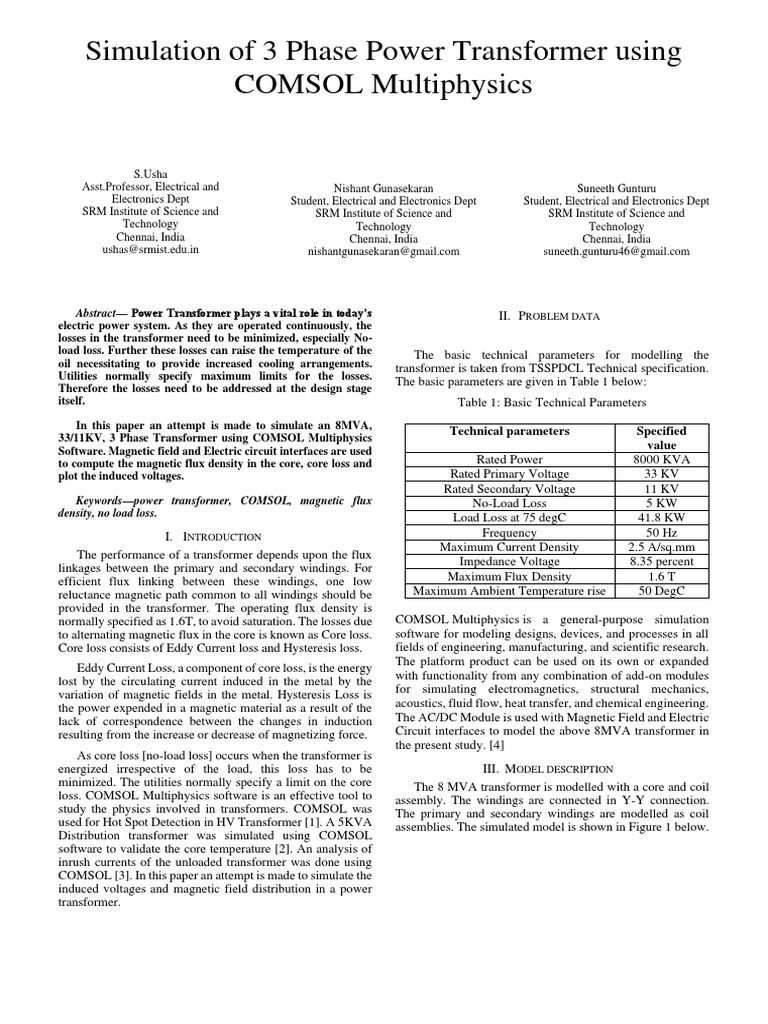 Simulation Of 3 Phase Power Transformer Using Comsol Multiphysics Pdf