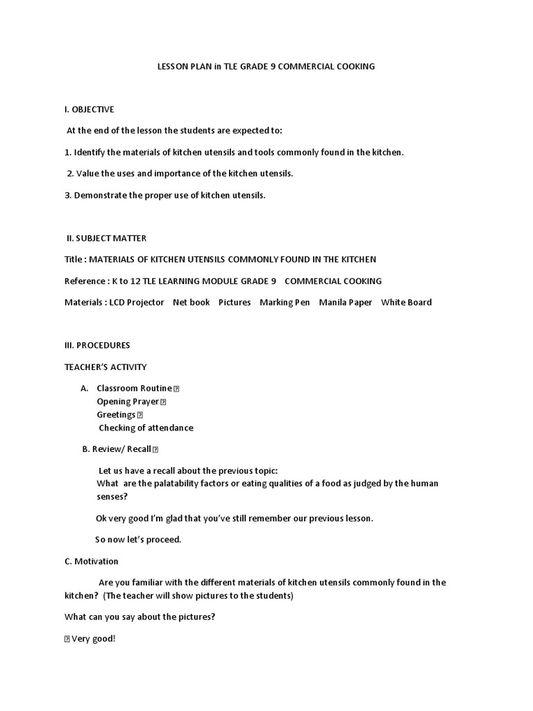 LESSON PLAN in TLE GRADE 9 COMMERCIAL COOKING | PDF | Career & Growth ...