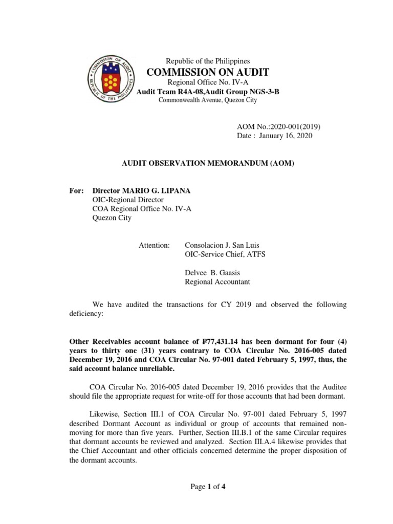 Final AOM 2020-001 (2019) Dormant Other Receivables | PDF