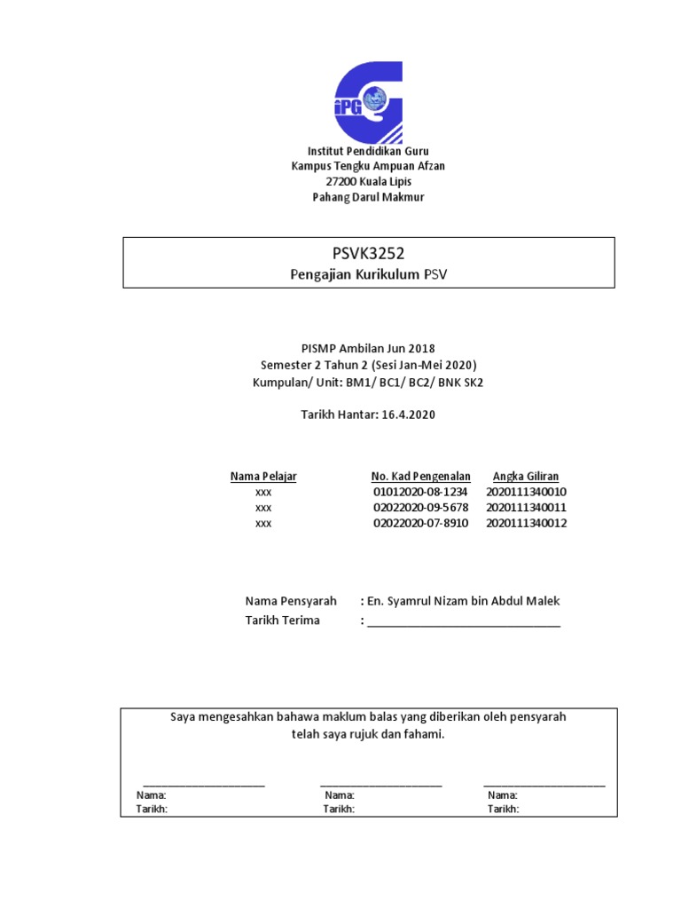 Muka Depan Kerja Kursus Ipgktaa | PDF