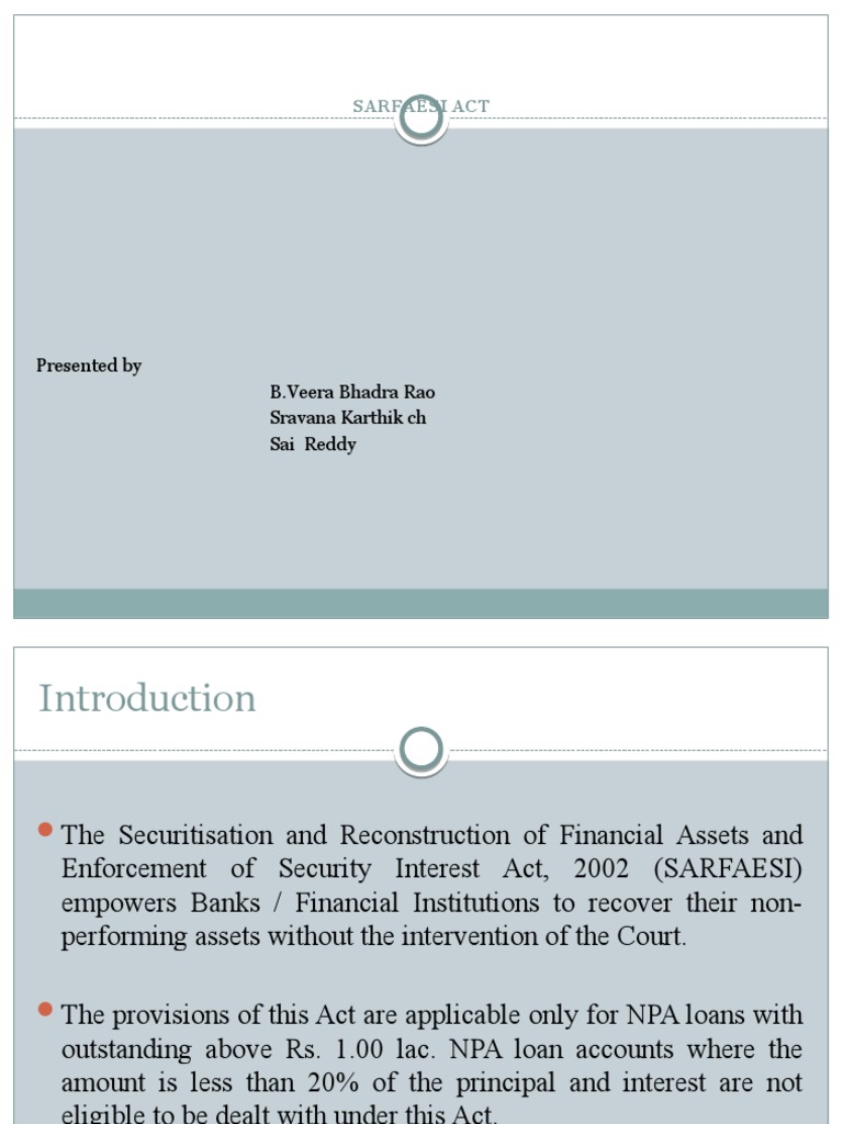 Overview of the SARFAESI Act 2002 | PDF | Securitization | Loans