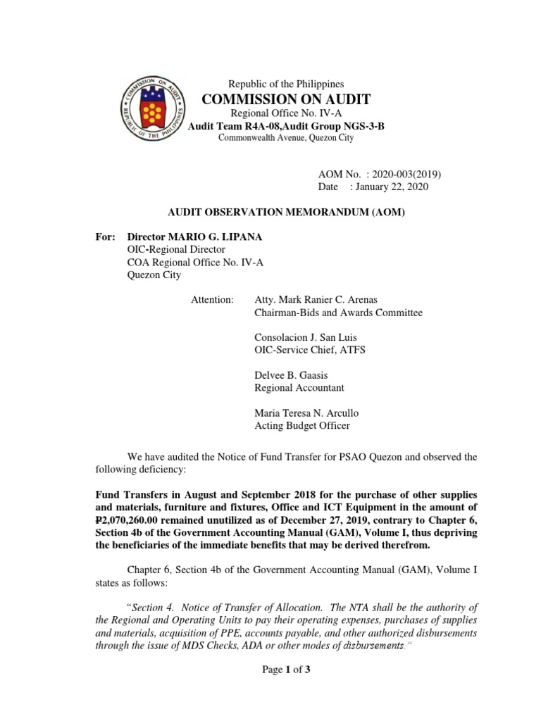 Unutilized Funds for PSAO Quezon | PDF