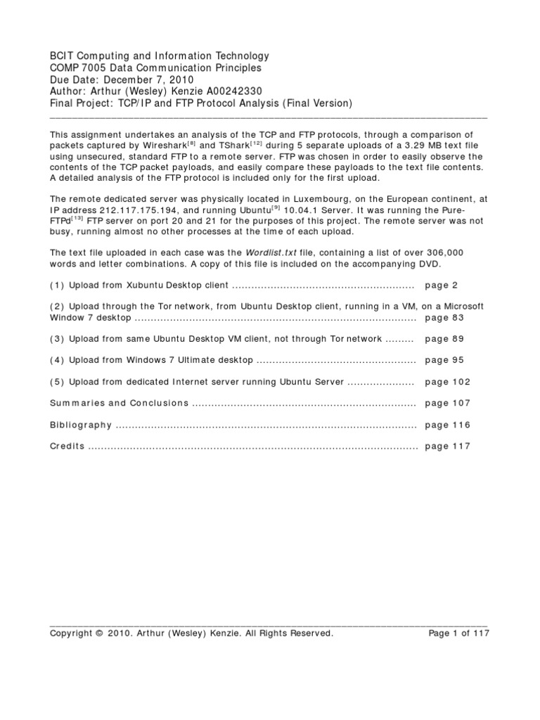 BCIT COMP 7005 TCP and FTP Protocol Analysis Final Project by Wesley Kenzie, December 2010 | PDF ...