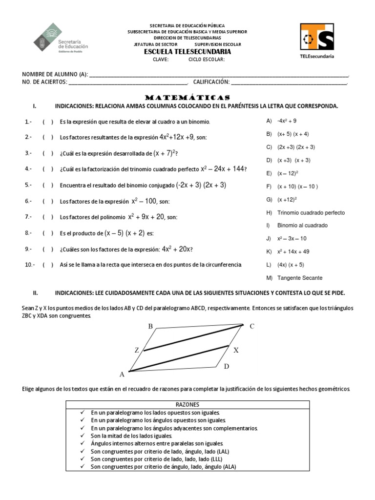 Examen Matemáticas Tercer Grado Telesecundaria | PDF | Métodos y ...