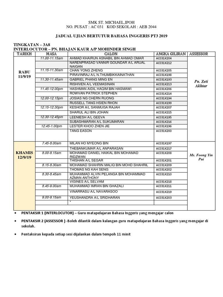 3a8 SPEAKING TEST TIME TABLE 2019 | PDF